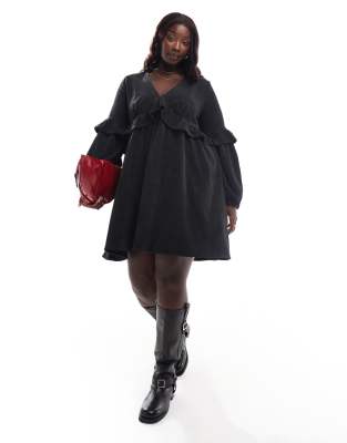 ASOS DESIGN curve cord smock mini dress with frill detail in black | ASOS