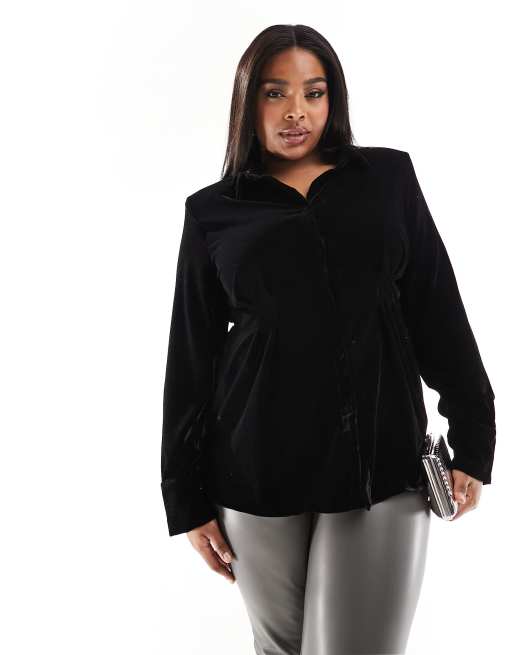 Asos Design Curve Corset Seamed Shirt In Black Velvet Asos