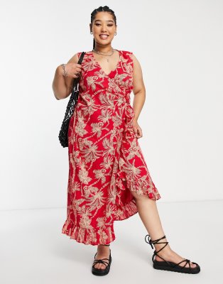 ASOS DESIGN Curve crinkle wrap midi sundress with buckle in red palm | ASOS