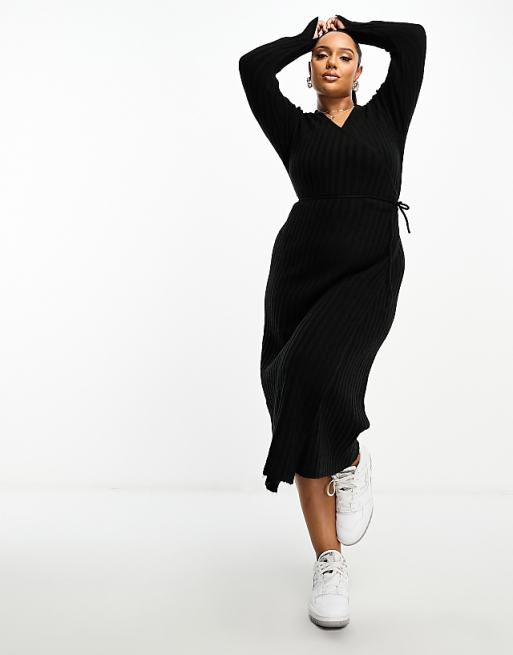 ASOS DESIGN Curve – Czarna dzianinowa sukienka midi z kopertowym ... ASOS DESIGN Curve – Czarna dzianinowa sukienka midi z kopertowym ...