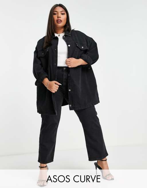 ASOS DESIGN Curve denim oversized shacket in washed black with borg ...
