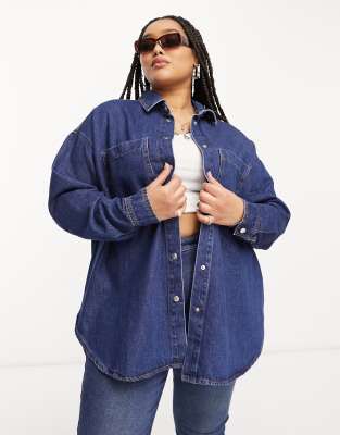 ASOS DESIGN Curve denim oversized shirt in blue | ASOS