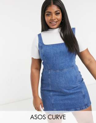 ASOS DESIGN Curve denim square neck pinny dress in blue | ASOS