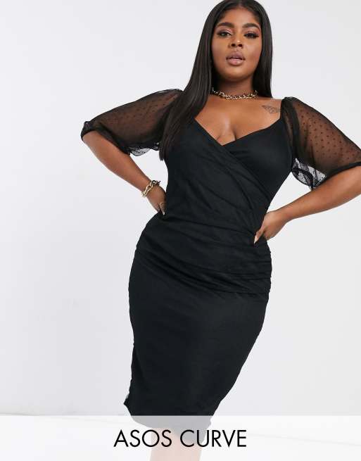 Asos Design Curve Dobby Mesh Puff Sleeve Wrap Midi Dress In Black Asos