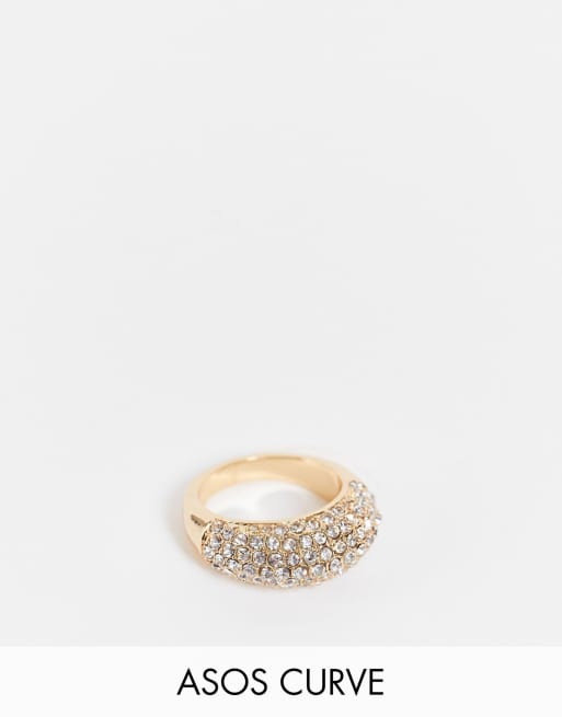 Asos Design Curve Domed Ring With Clear Crystals In Gold Tone Asos