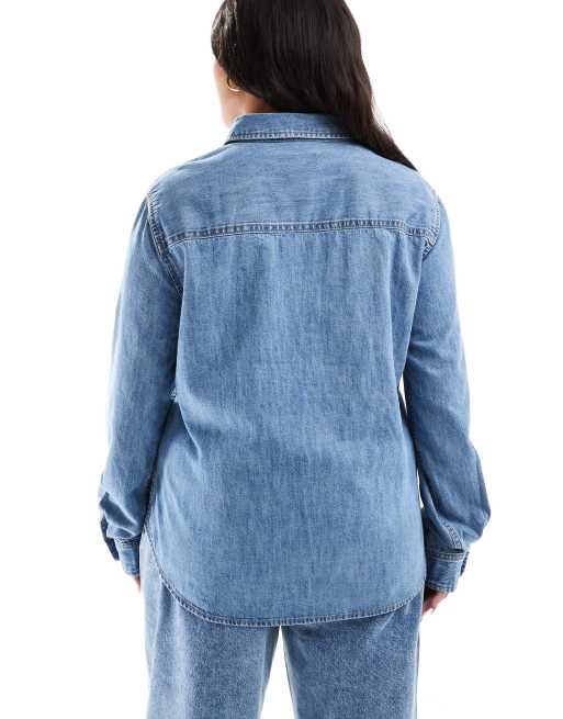 ASOS DESIGN Curve easy denim shirt in midwash blue | ASOS