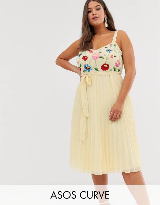Asos Design Curve Embroidered Pleated Cami Midi Dress Asos