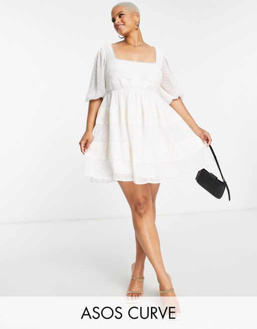 Asos Design Curve Embroidered Square Neck Mini Smock Dress In Cream Asos