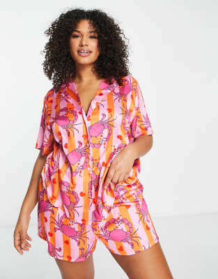 ASOS DESIGN Curve - Ensemble de pyjama satiné rayé avec chemise et short à imprimé crabes - Rose ...