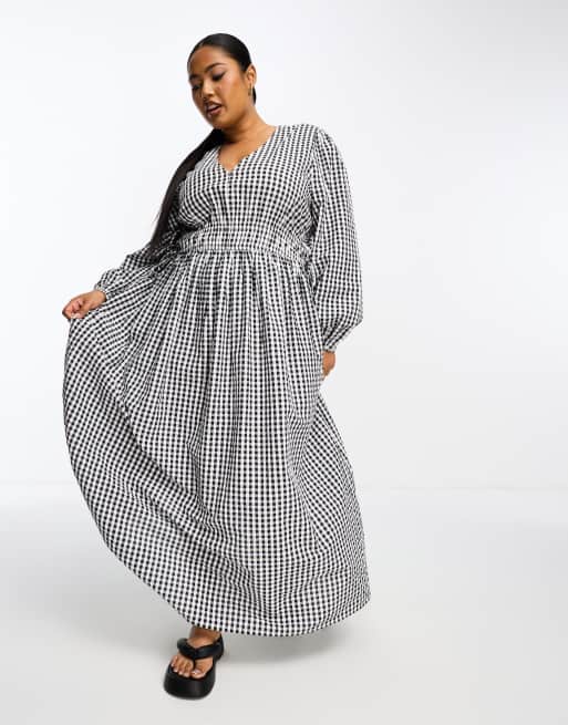 ASOS DESIGN Curve - Exclusieve maxi jurk met aangerimpelde taille en vleermuismouwen in gingham ...