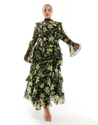 ASOS DESIGN Curve exclusive lace trim detail midi dress with ruffle ...