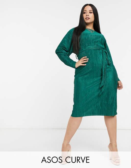Asos Design Curve Exclusive Plisse Batwing Wrap Midi Dress With Self