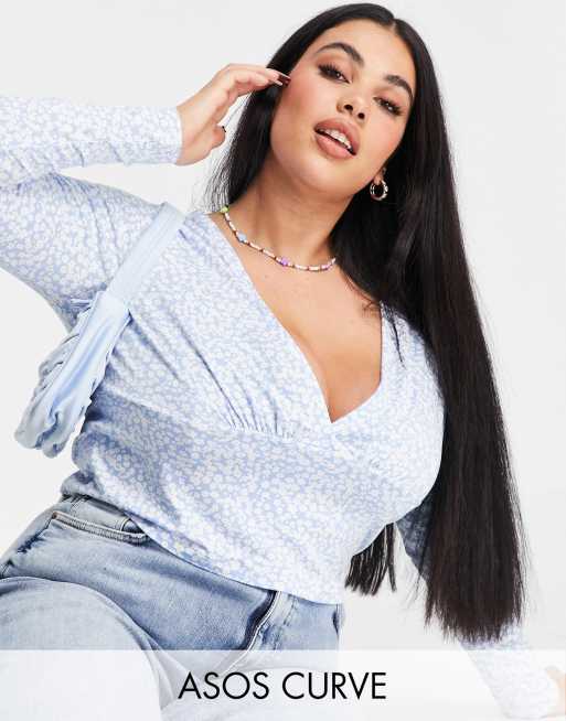 Asos Design Curve Exclusive Wrap Long Sleeve Top In Blue Asos