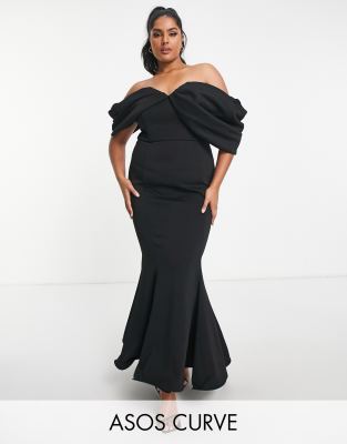 ASOS DESIGN Curve extreme drape sleeve wide hem maxi dress in black | ASOS
