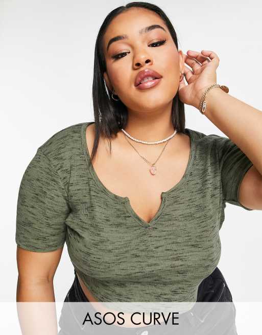 Asos Design Curve Fitted Crop Top With Notch Neck In Khaki And Black Marl