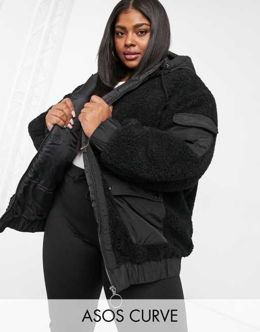 Asos Design Curve Fleece Patched Bomber Jacket In Black Asos