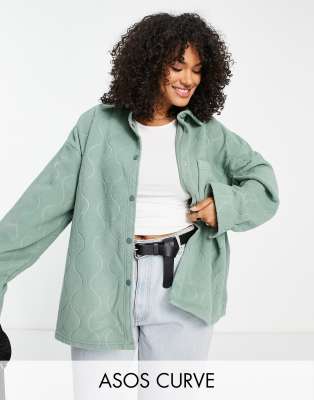 ASOS DESIGN Curve fleece wavy quilted shacket in khaki | ASOS