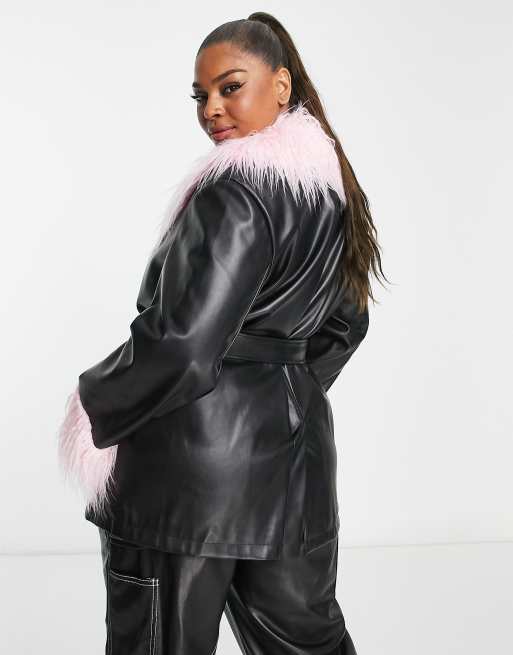 ASOS DESIGN Curve Fluffy Cuff Faux Leather Jacket In Black