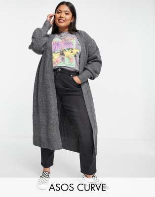 ASOS DESIGN Curve fluffy maxi cardi with volume sleeve in charcoal | ASOS