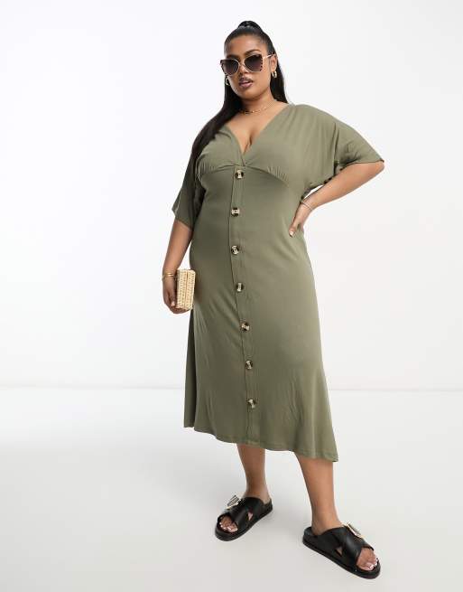 Asos Design Curve Flutter Sleeve Midi Tea Dress With Buttons In Khaki
