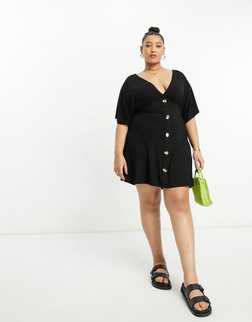 ASOS DESIGN Curve flutter sleeve mini tea dress with buttons in black | ASOS