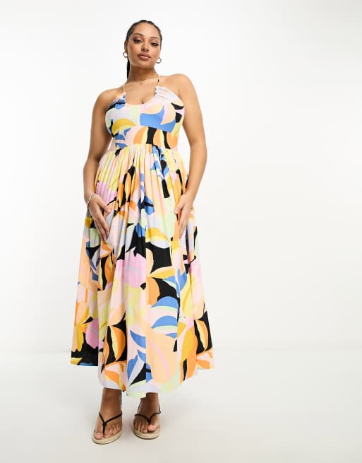 Asos Design Curve Gerafftes Mittellanges Neckholder Sommerkleid Mit