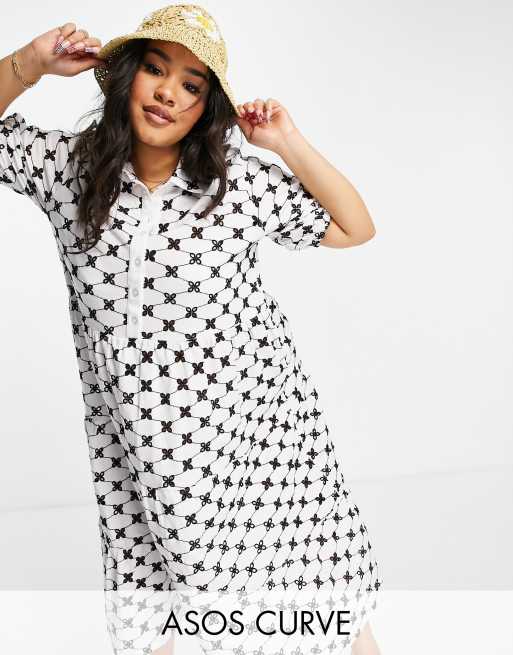 Asos Design Curve Gestuftes Midi Hemdkleid In Schwarz Weiß Mit
