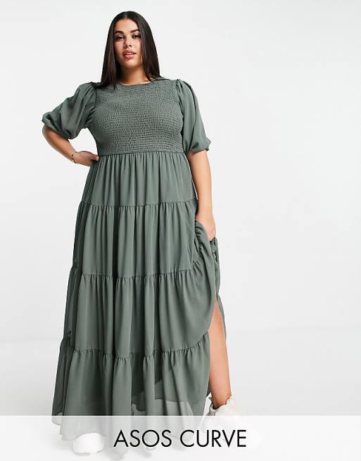 ASOS DESIGN Curve – Gestuftes und gesmoktes Maxikleid in Khaki | ASOS ASOS DESIGN Curve – Gestuftes und gesmoktes Maxikleid in Khaki | ASOS
