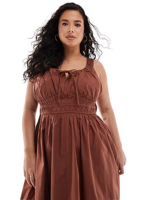 ASOS DESIGN Curve - Getailleerde midi-jurk met brede bandjes in bruin ... ASOS DESIGN Curve - Getailleerde midi-jurk met brede bandjes in bruin ...