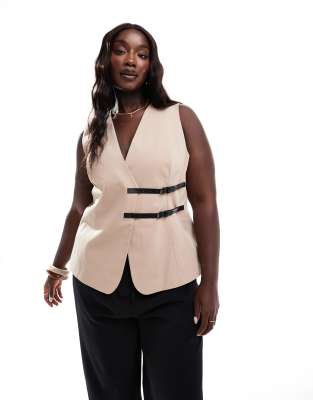 ASOS DESIGN Curve - Gilet de tailleur long avec ceinture - Taupe | ASOS