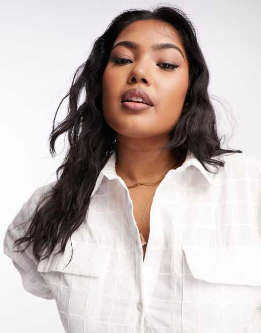 ASOS DESIGN Curve grid texture maxi shirt dress in white | ASOS
