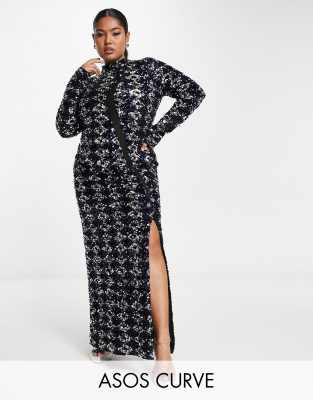 ASOS DESIGN Curve high neck all over sequin maxi dress in midnight blue ...