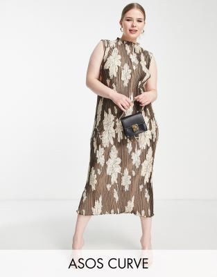 ASOS DESIGN Curve - Hoogsluitende midi-jurk van satijn met plooien en bloemenprint | ASOS