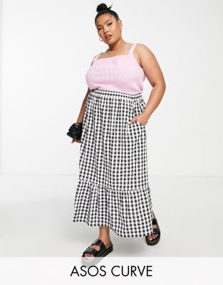 ASOS DESIGN Curve - Jupe mi-longue à poches, carreaux vichy et volants étagés | ASOS