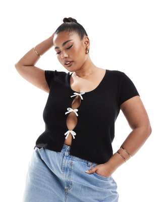 ASOS DESIGN Curve knitted bow front top in black and cream | ASOS