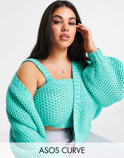 Asos Design Curve Knitted Cami In Waffle Stitch In Green Part Of A Set