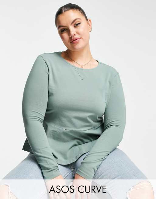 Asos Design Curve Langärmliges Oberteil In Khaki Mit Schößchen Asos