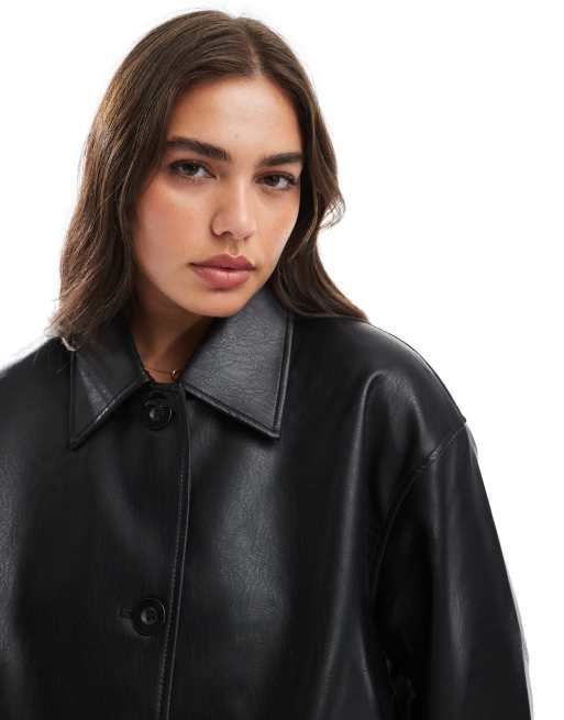 ASOS DESIGN Curve leather look Harrington jacket in black | ASOS