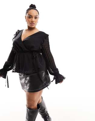 ASOS DESIGN Curve long sleeve dobby top with wrap & ruffle cuff in ...