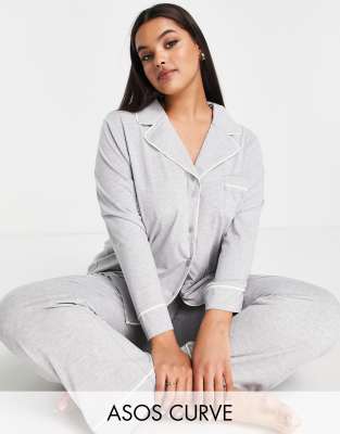ASOS DESIGN Curve long sleeve shirt & trouser pyjama set with contrast ...