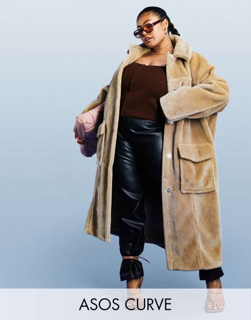 ASOS DESIGN Curve longline plush faux fur shacket in camel | ASOS
