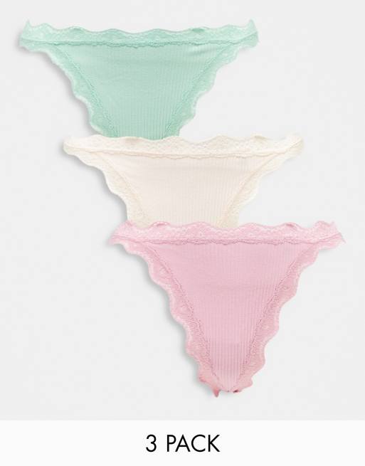 Asos Design Curve Lot De 3 Strings Côtelés Et En Dentelle Sauge