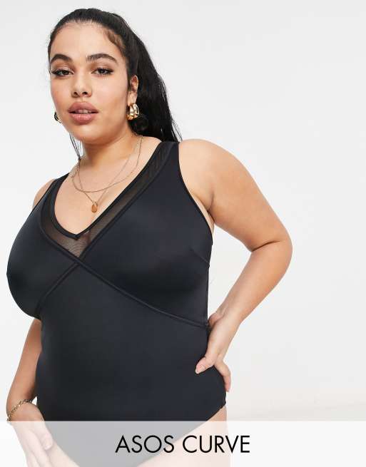 ASOS DESIGN Curve mesh insert swimsuit in black | ASOS