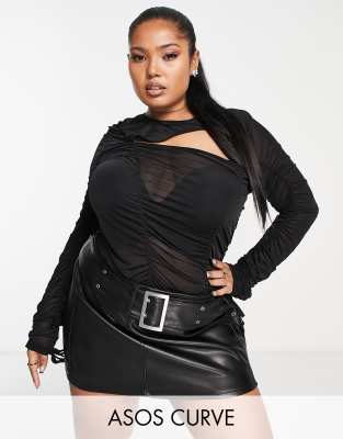 ASOS DESIGN Curve mesh long sleeve extreme ruched cut out top in black ...