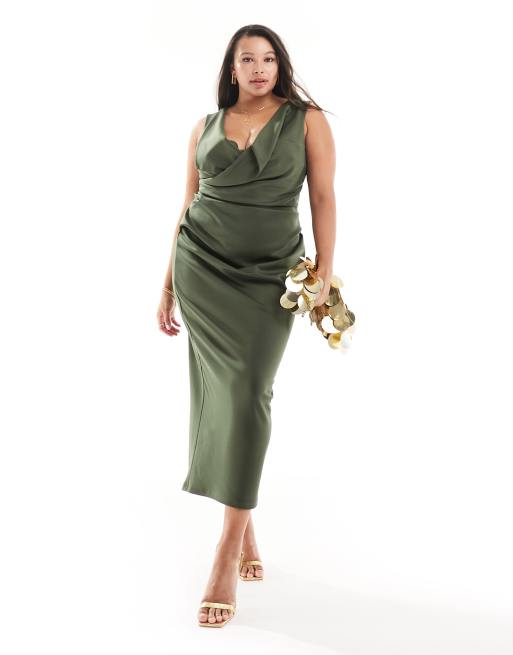 Asos Design Curve Midi Bleistiftkleid In Sattem Grün Mit Eckigem