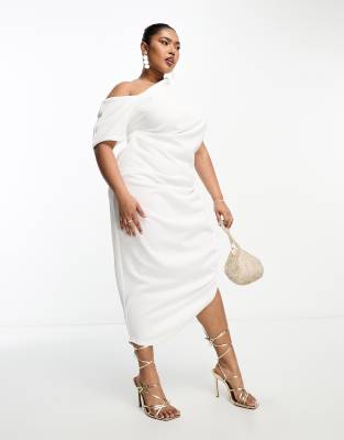 ASOS DESIGN Curve - Midi jurk met afhangende schouder en textuur in ivoorwit | ASOS