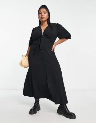ASOS DESIGN Curve - Midi-jurk met gestrikte voorkant en knoopsluiting in zwart | ASOS