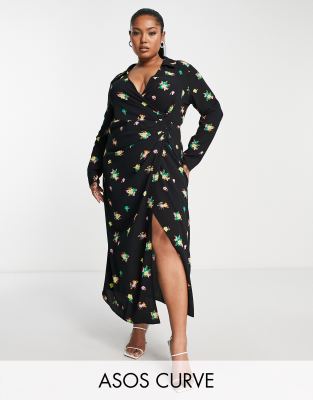 ASOS DESIGN Curve - Midi overhemdjurk met overslag, gerimpelde voorkant en knoopsluiting in ...