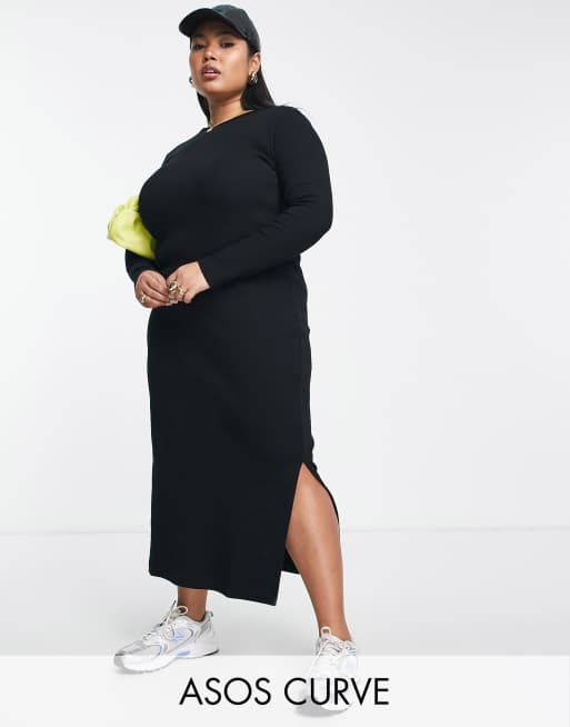 ASOS DESIGN Curve midi ribbed column dress with side split in black | ASOS