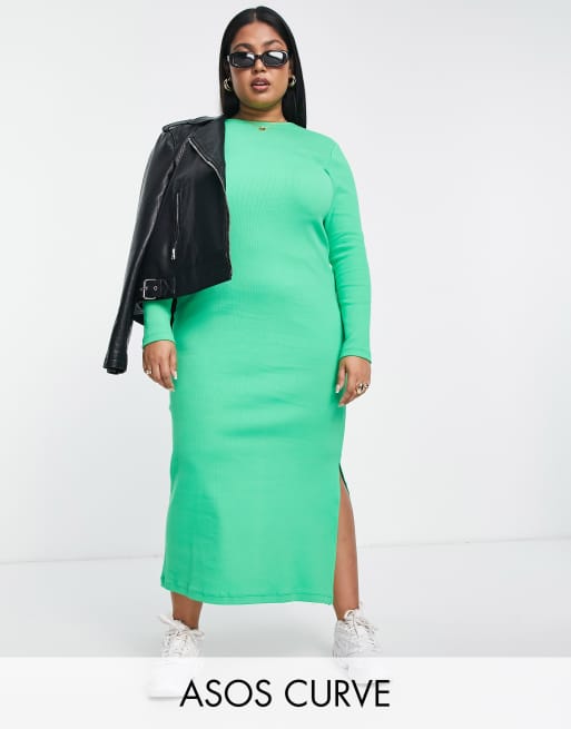 ASOS DESIGN Curve midi ribbed column dress with side split in green | ASOS